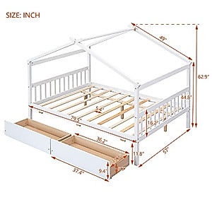 Merax Full Size Wooden House Bed with Two Drawers, Wood Bed Frame with Roof for Kids, Teens, Boys or Girls, White