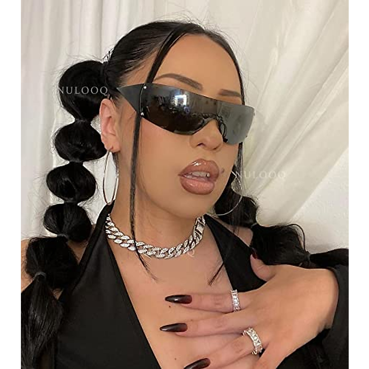 NULOOQ Rimless Y2K Sunglasses for Women Men Trendy Shield Wrap Around Sun Glasses Oversized Frameless Shades (Black/Gray)