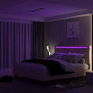 Kallabe Bed Frame Full Size with Headboard, Upholstered Platform Bed Frame Queen with LED Lights and USB Ports, Linen Fabric Beds with Wooden Slats, No Box Spring Needed, Beige