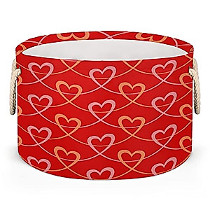 Red Valentines Day Love Heart (4) Large Round Baskets for Storage Laundry Baskets with Handles Blanket Storage Basket for Bathroom Shelves Bins for Organizing Nursery Hamper Girl Boy