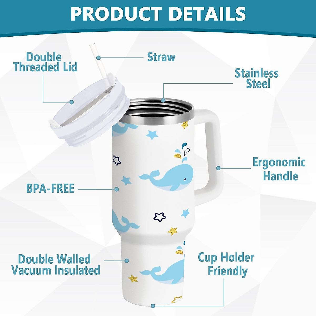 Burbuja Cute Blue Whales 40oz Insulated Tumblers with Handle and Straw Lid, Double Wall Stainless Steel Travel Mug Leak-Proof, BPA Free, Gift for Mom Dad