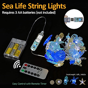 Ocean Themed String Lights Marine Life Night Lights Beach Décor Sea Turtle Seahorse Starfish Clam Decorative Lights Battery Operated USB Plug in 30LED 10ft Christmas Tree Ornaments Holiday Bedroom