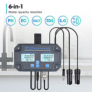 Yescom Water Quality Tester 6 in 1 Multi-Parameter Test Meter PH/EC/Salt/TDS(PPM)/Temp/S.G Analyzer Wall-Mount Rechargeable