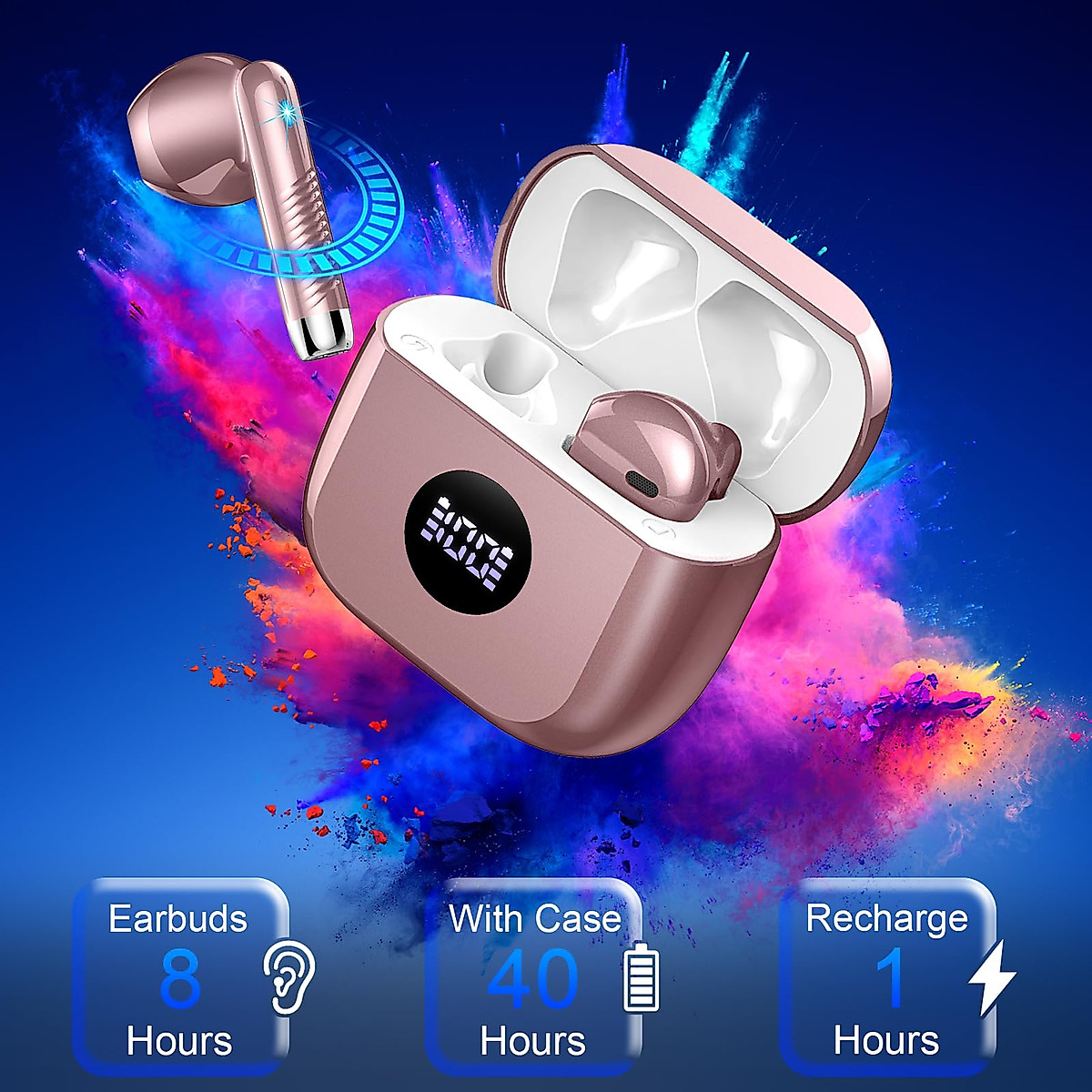 Wireless Earbuds, Bluetooth 5.3 Ear Buds LED Power Display Headphones Bass Stereo, Bluetooth Earbuds in-Ear Noise Cancelling Mic, 40H Playback Mini Case IP7 Waterproof Sports Earphones for Android iOS