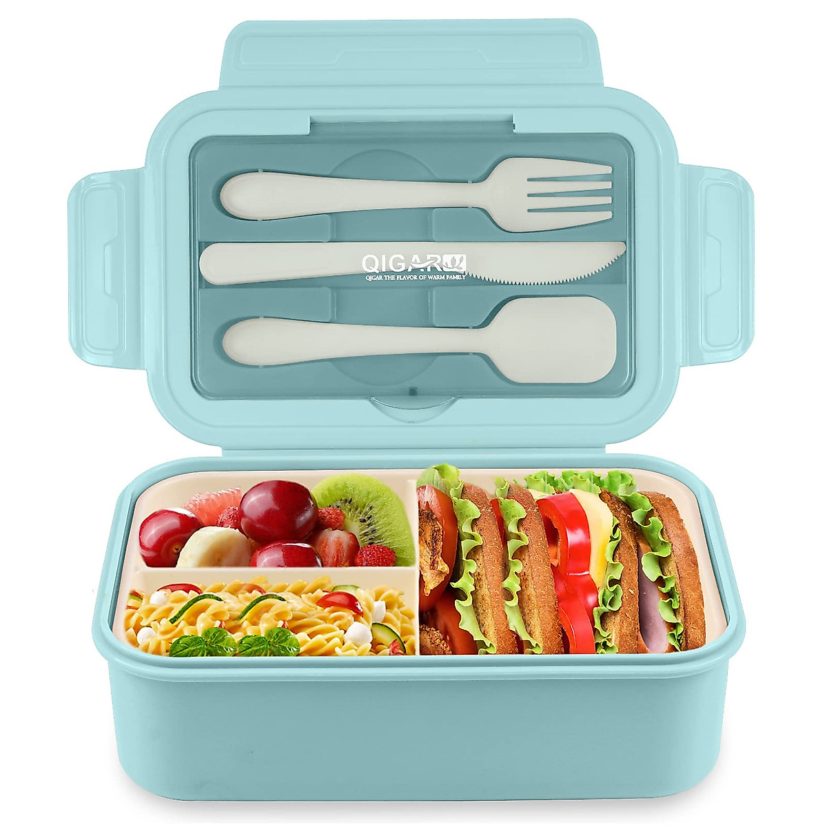 NatraProw Bento Box for Adult, 1400 ML Lunch Containers for Adults, LeakProof Lunch Box with Utensils, BPA Free, 3 Compartment Bento Box Microwave Safe, Light Blue