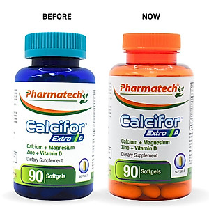 Calcium, Magnesium, Zinc, Plus Vitamin D3, Bone and Teeth Health Supplement Women, Immune System, Gluten Free, Sugar Free, 90 Softgels, Calcifor Extra by Pharmatech ®