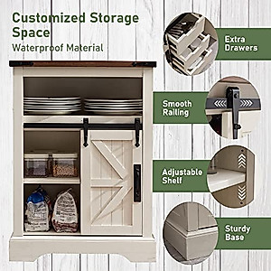 OKD Bathroom Floor Cabinet, Farmhouse Storage Cabinet with Sliding Barn Door & Storage Drawers, Small Storage Cabinet for Bathroom, Kitchen, Living Room, Rustic Oak with Antique White