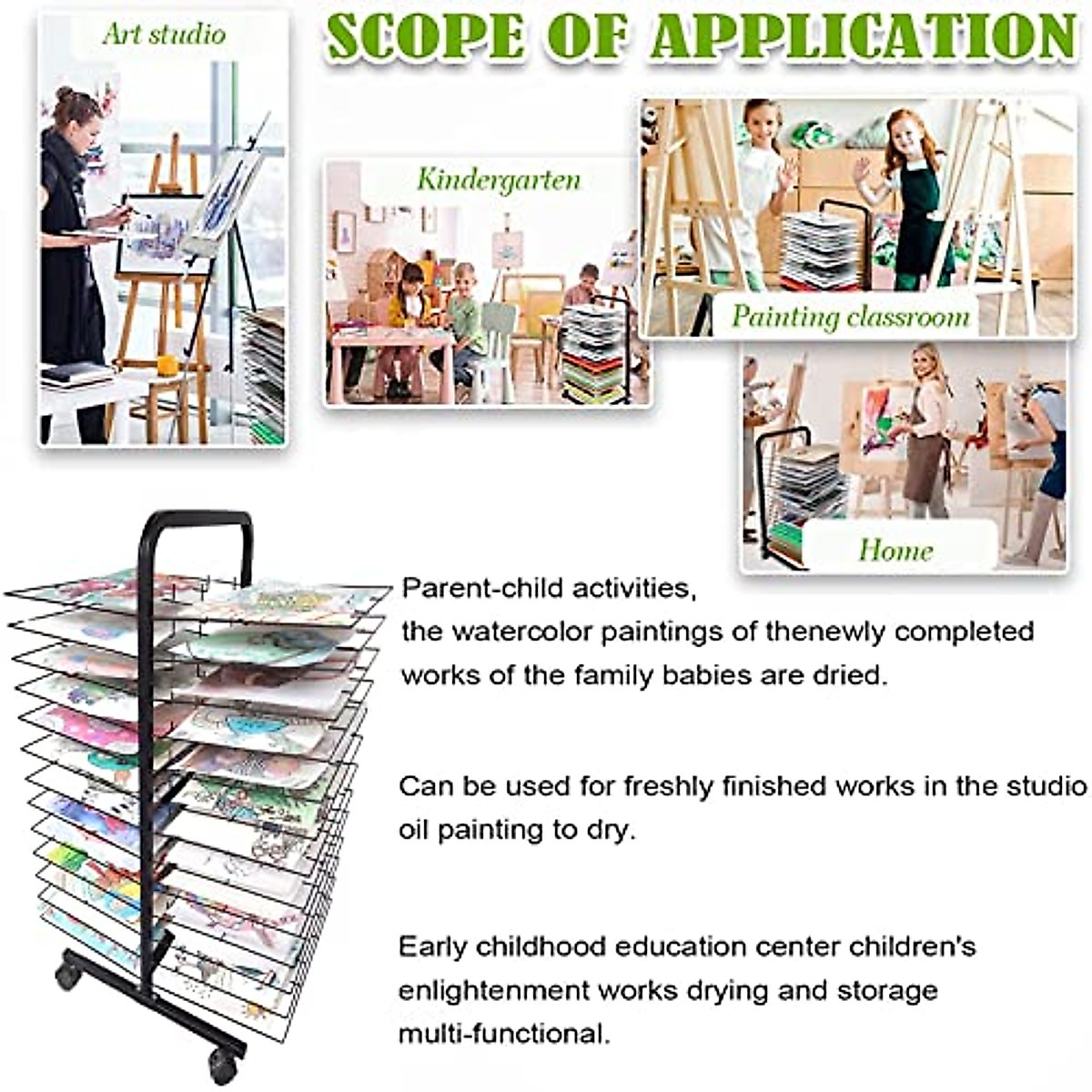 Double Sided Wire Drying Rack with 4 Wheels Art Drying Rack Mobile Cart for Painting Craft A3 Paper Artwork Canvas Storage Display Rack for Classrooms, Art Studio and Home Use, 50 Shelves