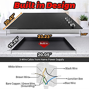 Weceleh Electric Cooktop 24 Inch 4 Burners, 24 Inch Electric Cooktop 4 Burner, Electric Stove Top 24 Inch, 24 Electric Cooktop Ceramic, Knob Control, Drop Built-In, Black, 220-240V, Glass, 6000W