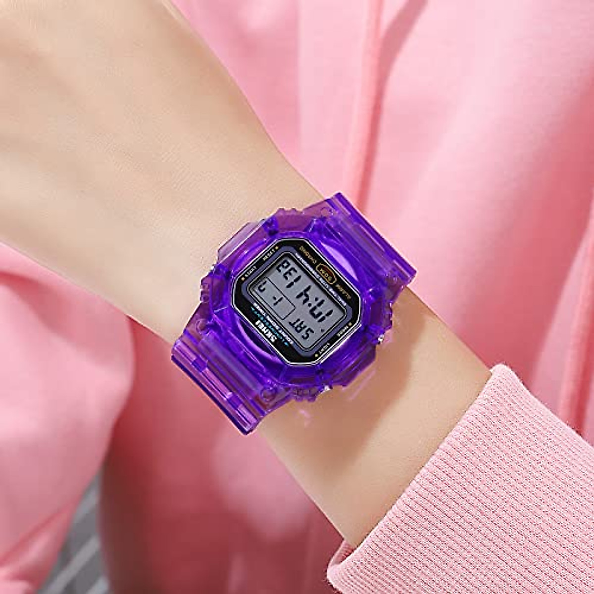 Gosasa Outdoor Sport Unisex Watches Back Light Digital Watches Transparent Multifunctional Wristwatch Casual Style Stopwatch Date 5Bar Waterproof (Purple)