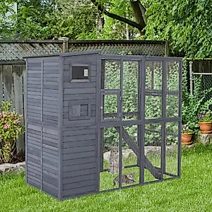 PawHut Outdoor Catio, Cat House Wooden Feral Cat Shelter, Cat Cage with Platforms, Waterproof Asphalt Roof, Ramps, 77" L, Gray