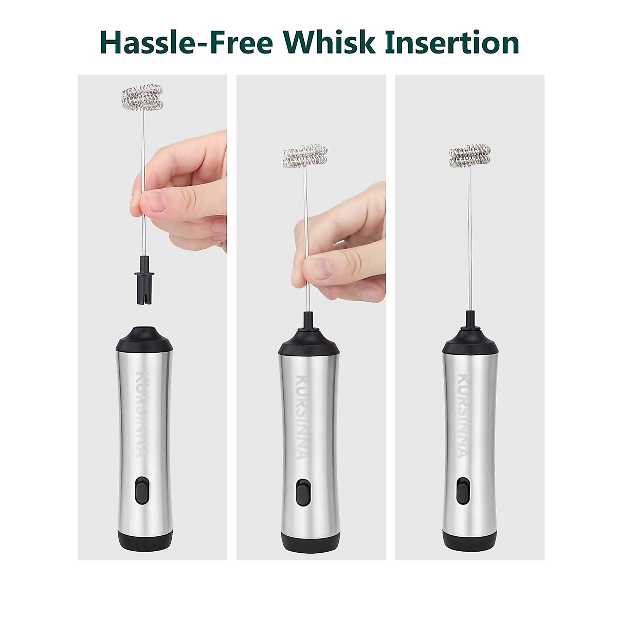 KURSINNA Powerful Rechargeable Milk Frother Handheld, USB-C Charge Foam Maker with 2 Stainless Steel Whisk & Stand, Powerful Mini Mixer Coffee Frother for Frappe, Latte, Matcha (13000RPM USB-C Charge)