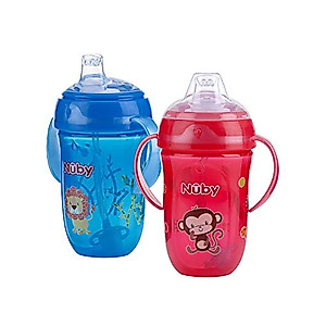 Nuby 2 pack Comfort Trainer 2 Handle Cups with 360 Weighted Straw and Soft Silicone Spout, 9 Oz, Blue Lion and Red Monkey