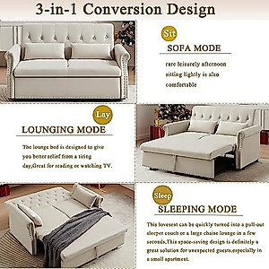 55" Convertible Loveseat Sofa Couch with Pull-Out Sleeper, 3-in-1 Modern Love seat Couch Bed with Adjustable Backrest and 2 Pillows,Velvet 2 Seater Couch Bed for Small Spaces Living Room(Beige)