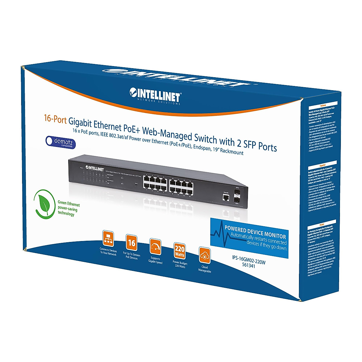 Intellinet 16 Port Gigabit Managed PoE Switch - POE Power Budget of 220W, 2 SFP Slots, Self-Healing, IPv4/v6, 19" Rackmount –3 Yr Mfg Warranty- 561341