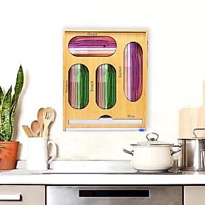 Elsqolro ZipLock Bag Organizer Dispenser for Kitchen Drawer Plastic Wrap Organizer for Drawer with Cutter Bamboo Baggie Organizer and Wrap Holder