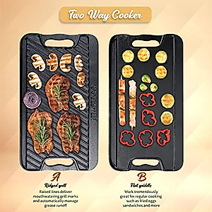 Double Side Griddle,Pre-Seasoned Cast Iron Griddle,Flat Top Grill Dual Handles,Griddle for Gas Grill,Pancake Griddle,Stove Top Griddle,Griddle Grill Compatible For Oven,Outdoor Griddle For Camping