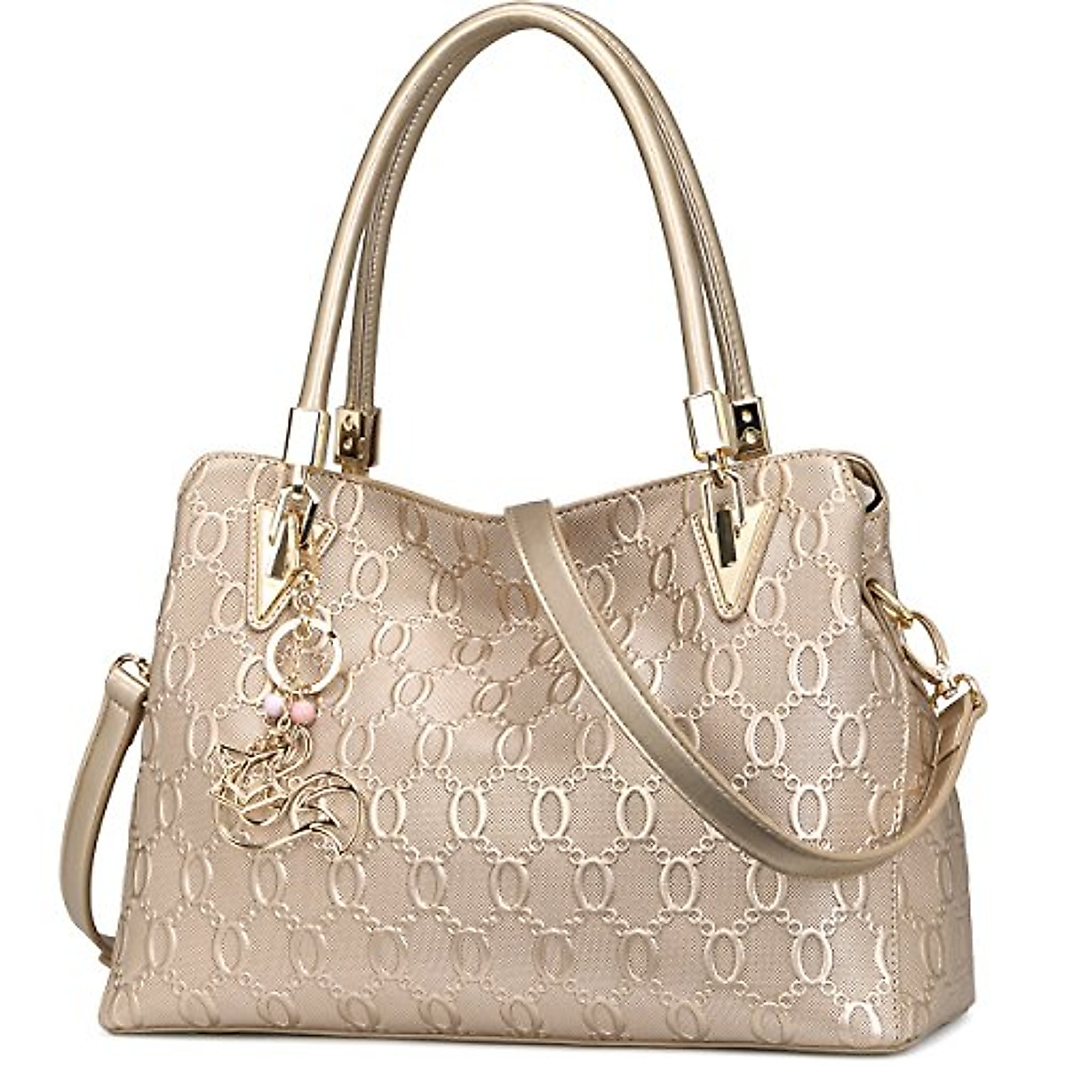 FOXER Leather Handbags for Women, Cow Leather Lock Chain Pattern Ladies Top Handle Bag with Adjustable Shoulder Strap Women's Designer Tote Bag Womens Real Leather Crossbody Purses and Handbags (Gold)