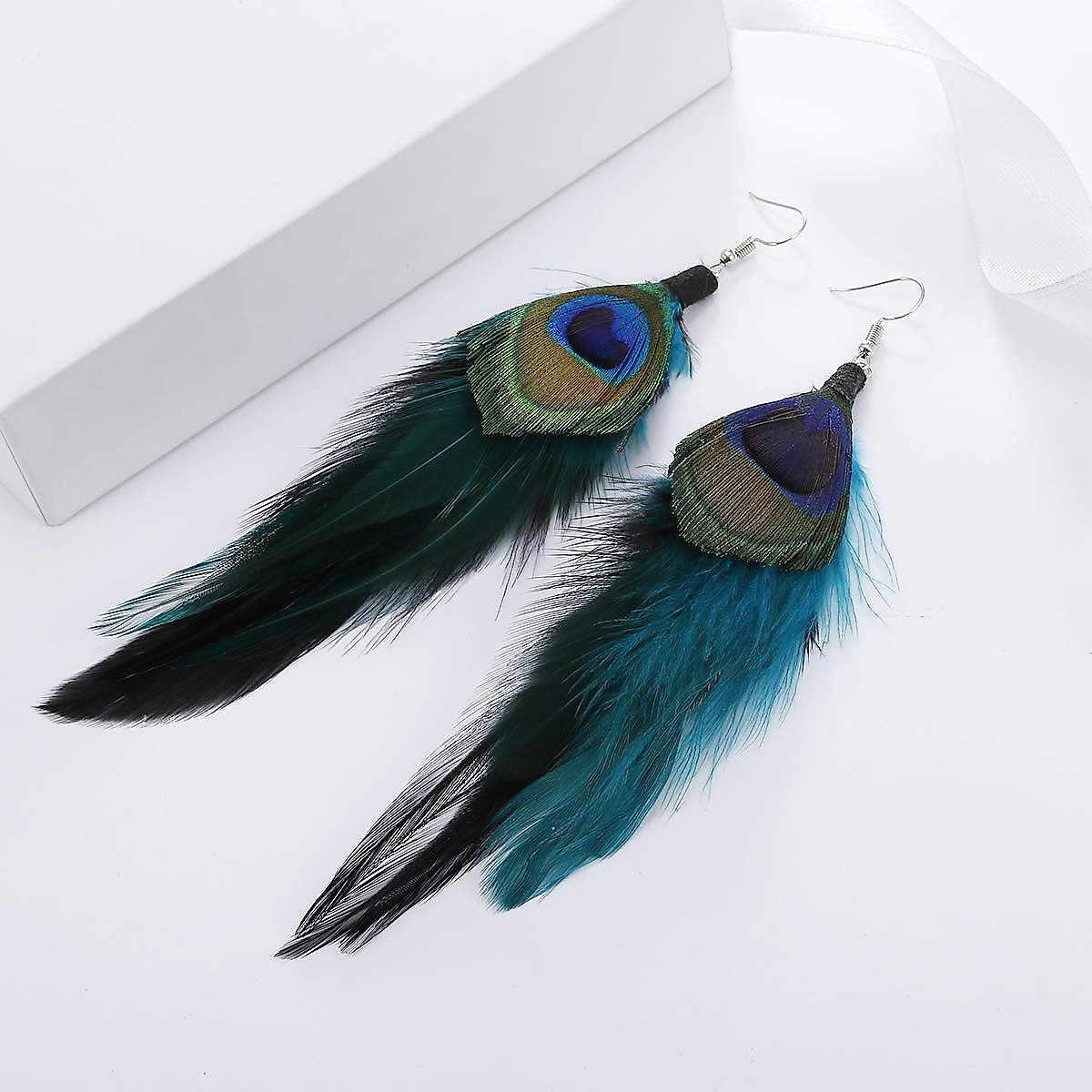Winssigma Long Feather Earrings for Women Bohemian Dangle Earrings Lightweight Feather Statement Earrings Handmade Jewelry(Blue)