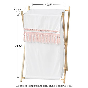 Sweet Jojo Designs Boho Bohemian Baby Kid Clothes Laundry Hamper - Blush Pink and White Farmhouse Shabby Chic Designer Modern Minimalist Tassel Fringe Macrame Cotton