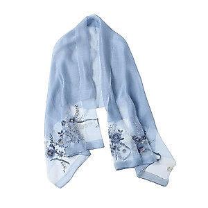Jeelow Silk Wool Fashion Scarf Shawl Wrap Lightweight Sheer For Women Floral Embroidery Wedding Party Prom (Blue Floral)
