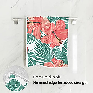 JUAMA Tropical Coral Flowers Green Palm Tree Leaves Hand Towel Lightweight Fingertip Towel Absorbent Hand Towel for Bathroom Gym Yoga Sport Multi-Purpose Towel 30x15 in