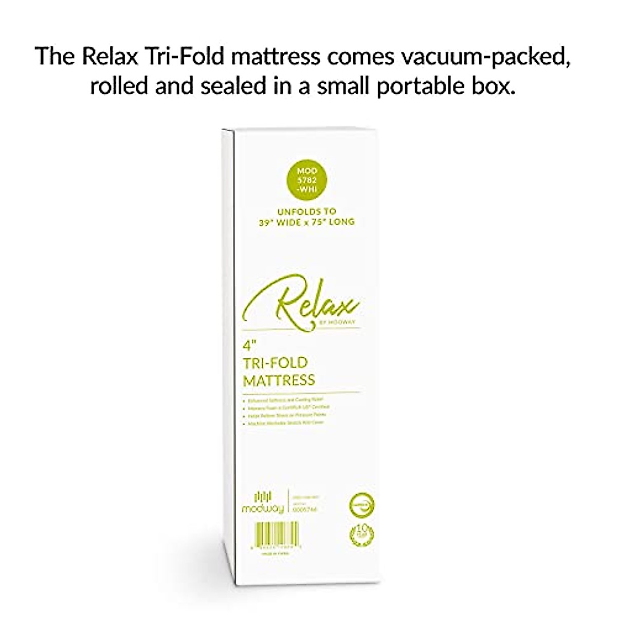 Modway Relax Tri-Fold Mattress CertiPUR-US Certified with Soft Removable Cover and Nonslip Bottom, 39inch x 75inch x 4inch, Twin