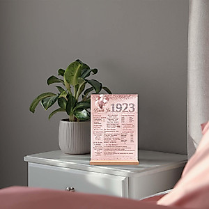 Vlipoeasn Pink 101st Birthday Anniversary Table Decoration 1923 Poster for Women, Rose Gold Back in 1923 Acrylic Table Sign with Wooden Stand, 101 Year Old Birthday Party Centerpieces Gift Supplies