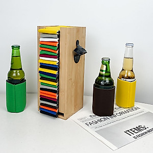 CRAKTH 2 in 1 Wooden Can Cooler Holder with Bottle Opener, Bamboo Beer Can Sleeves Storage Organizer and Dispenser, Great Gifts for Dad Beer Lovers, 12", Boyfriend Husband