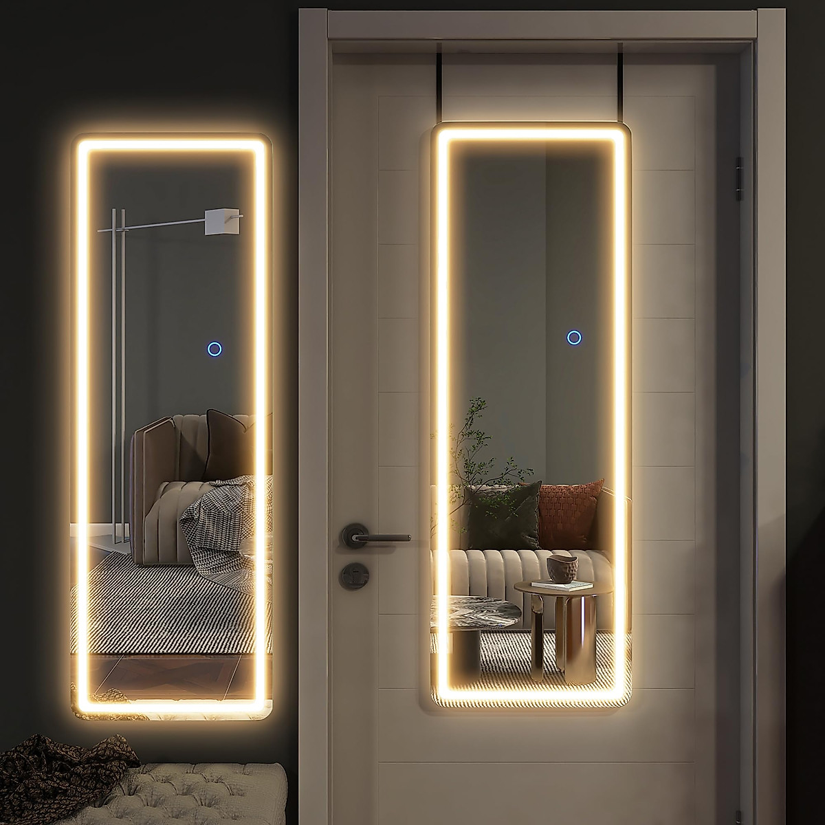 NeuType Full Length Mirror with Lights, 47"x16" LED Full Length Mirror, Over The Door Lighted Mirror with 2 Hangers, Dimmable Brightness & 3 Color, Wall Mirror for Bedroom, No Battery Required, White