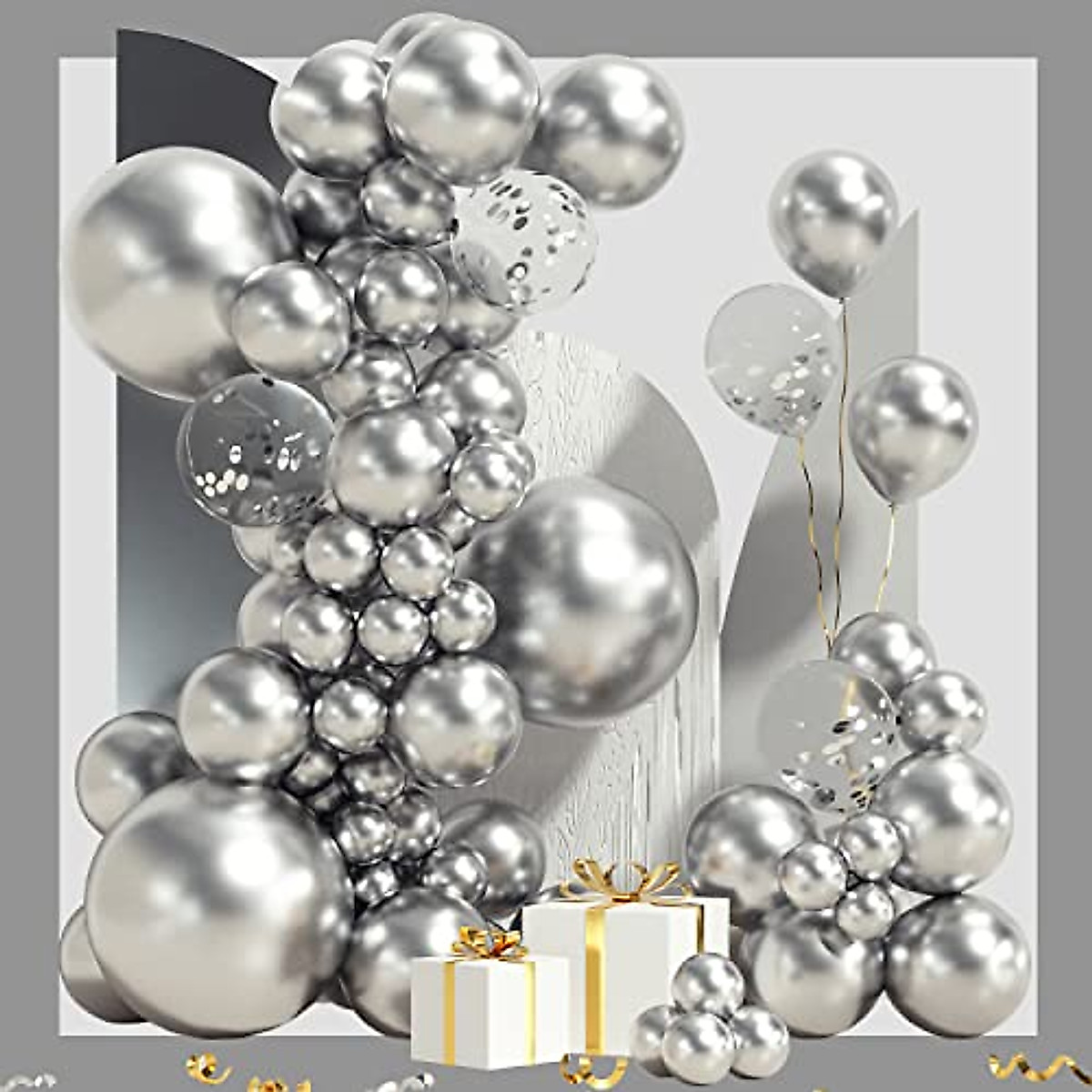 Metallic Silver Balloon Garland Arch Kit 100 Pack 18/12/10/5 Inch Latex Party Balloons Different Sizes Confetti Balloons Chrome Balloon for Engagement Wedding Graduation Christmas Party Decorations