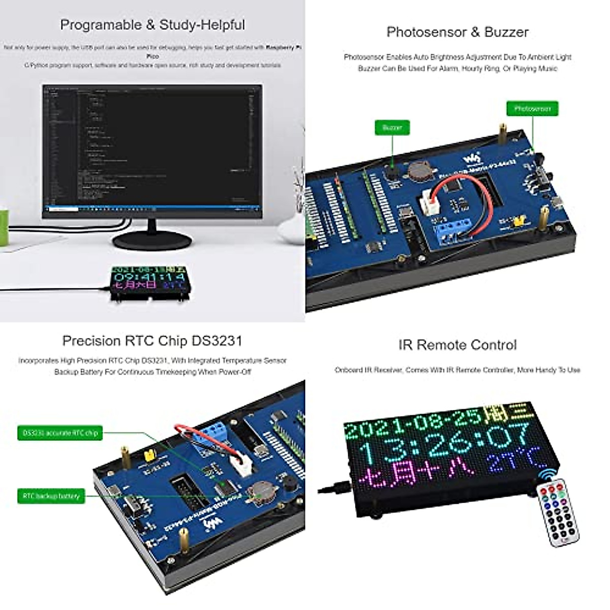 Waveshare RGB Full-Color Multi-Features Digital Clock for Raspberry Pi Pico 64×32 RGB Matrix Accurate RTC