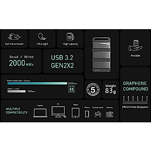 TEAMGROUP T-Force M200 Portable SSD 1TB USB3.2 Gen2x2 Type-C Read/Write 2000MB/s Compatible with PS5 & Xbox & Chrome OS (T8FED9001T0C102)