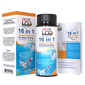 16 in 1 Drinking Water Test Kit Strips, 100 cnt. Home Water Quality Test for Tap Water, Pool, Spa. Strips for Water Hardness, Total Chlorine, Mercury, Lead, Aluminum, Fluoride, Iron, pH and More
