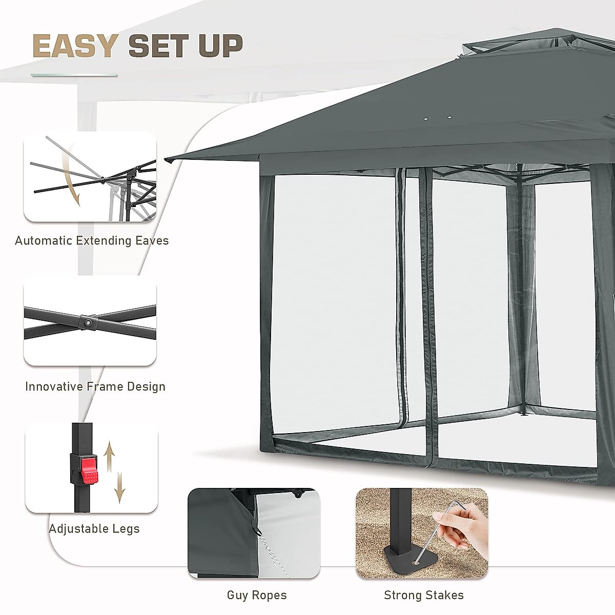 EAGLE PEAK 13x13 Pop Up Gazebo with Mesh Netting, Easy Up Screened Canopy for Patio and Backyard, Easy Set up Outdoor Gazebo (Gray)