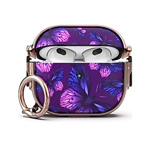 GuarzFun for AirPod 3 case with Lock, AirPods 3rd case for Women Men, Flower Hard case with Keychain (Purple Butterfly)