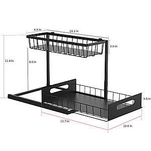 SUTINE Under Sink Organizer, 2 Tier L-Shape Bathroom Organizer Under Sink Organizers and Storage, Sliding Under Cabinet Organizer Storage Shelf for Kitchen Bathroom, Black