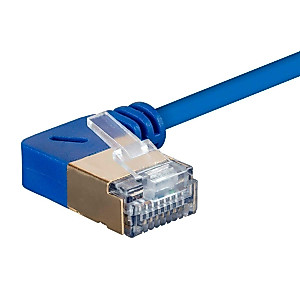 Monoprice Cat6A 3ft Blue 90 Degree Patch Cable Double Shielded (S/FTP) 36AWG 10G CM Pure Bare Copper Snagless RJ45 SlimRun Series Ethernet Cable