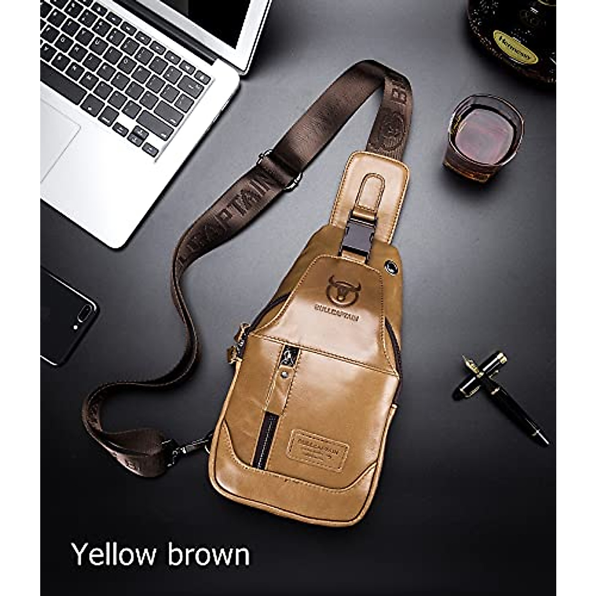 BULLCAPTAIN Genuine Leather Men's Sling Shoulder Backpack Multi-pocket Crossbody Chest Bags Travel Hiking Daypack with Earphone Hole (Yellowish brown)