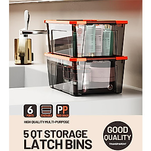 WYT 5-Quart Small Storage Container Bin with Orange Secure Lid and Black Clear Latch Buckles, Durable Plastic Stackable Nestable Organizin, 6-Pack