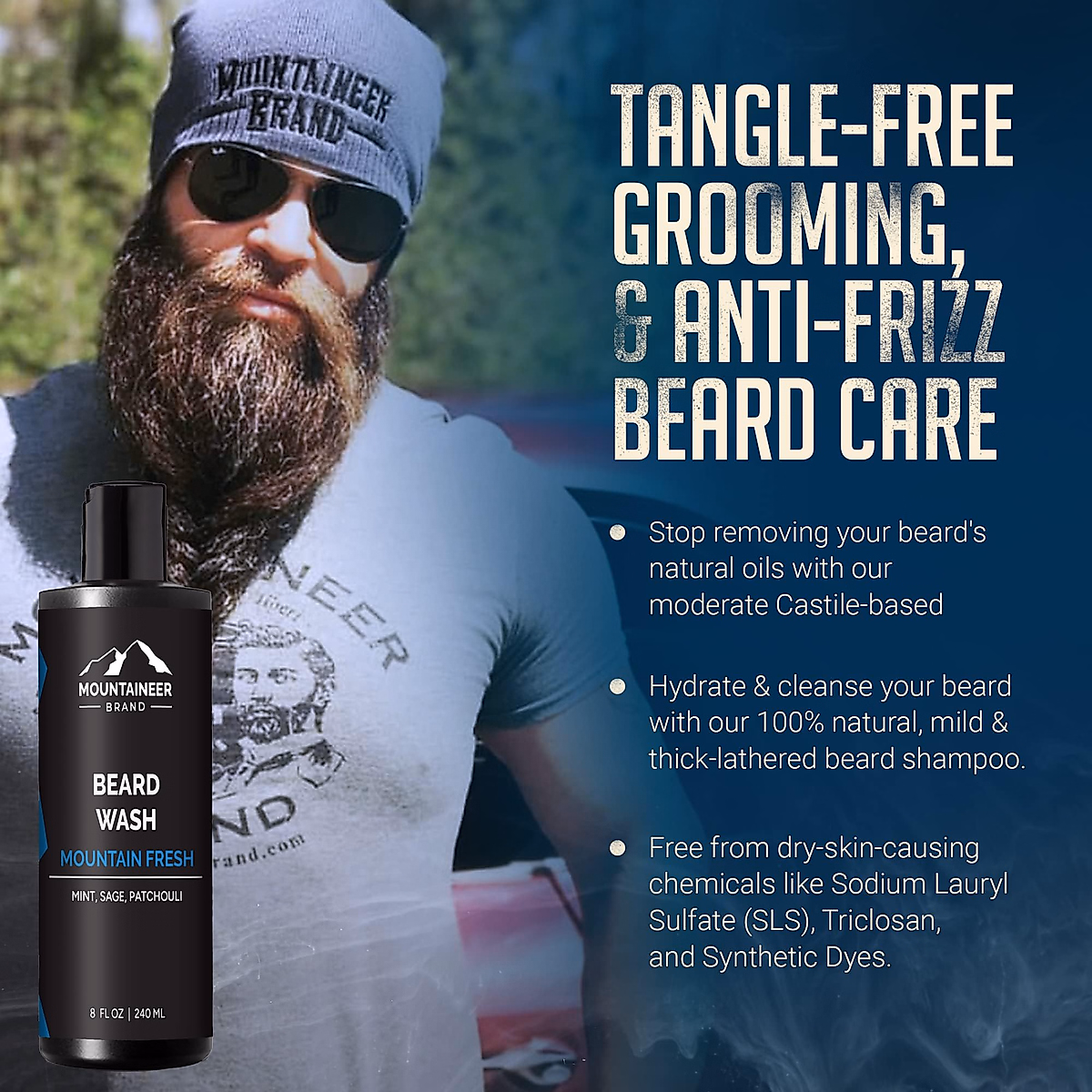 Mountaineer Brand Beard Wash For Men | 100% Natural Beard Shampoo | Thick Cleaning Softening Lather for Hair and Skin | Hydrate and Detangle | Grooming Treatment | Mountain Fresh Scent 8oz