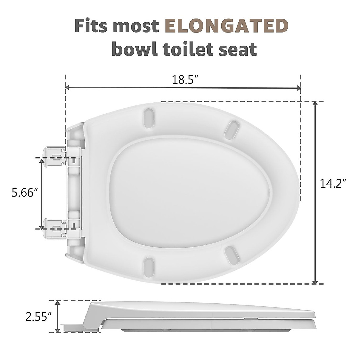 "Premium Soft-Close ELONGATED Toilet Seat with Quick-Release Hinge, Heavy Duty and Secure Fit, Easy Installation and Cleaning, 18.5", White Oval Design."
