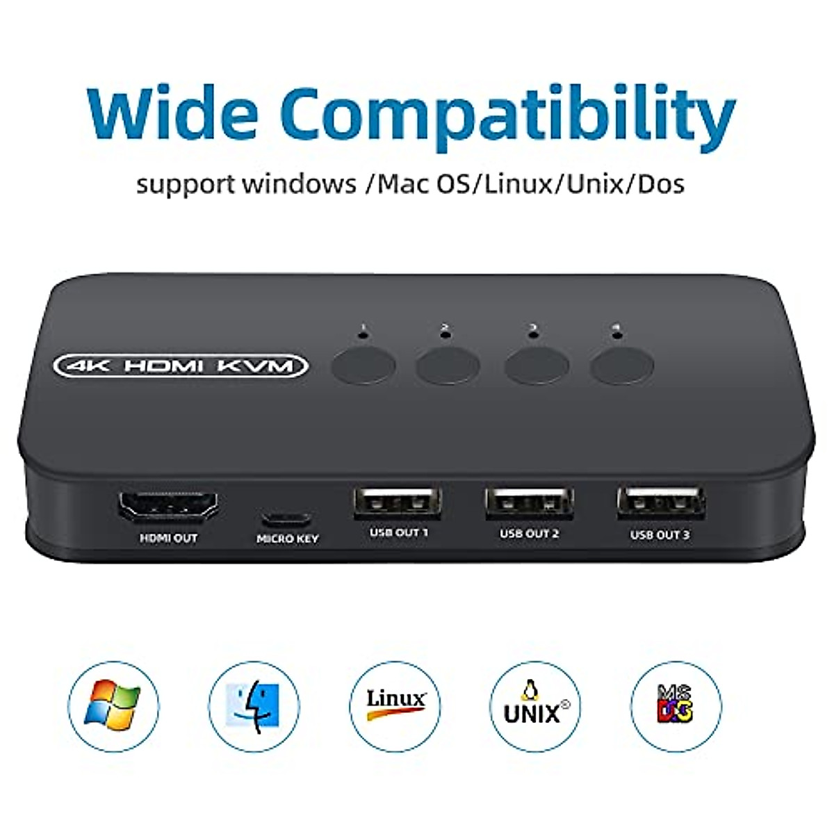 4K HDMI KVM Switch, 4 Port HDMI USB Switch for 4 Computer Share a 4K@30Hz Monitor and 3 USB Device Keyboard Mouse Printer, Including 4 KVM Cables