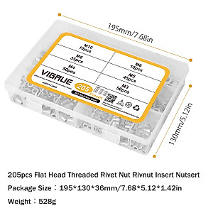 VIGRUE 205PCS 304 Stainless Steel Rivet Nut Assort Set Flat Head Threaded Rivetnut Insert Nutserts Assortment Kit(M3| M4| M5| M6| M8| M10)