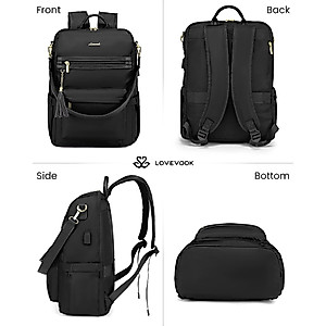 LOVEVOOK Laptop Backpack Women,15.6 Inch Convertible Backpack Purse for Women with USB Port,Fashion Teacher Nurse Bag Work Backpack with Cute Wristlet Bag for Travel Commute,Black