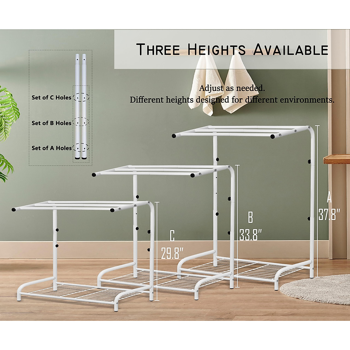 VSUINGO Freestanding Towel Rack, 32" L x 37.8" H for Oversized Bath Towels, Hand Towels Stand, Adjustable Height, 3-Tier Clothes Drying Holder with Storage Shelf for Bathroom, Aisle, Pool (White)