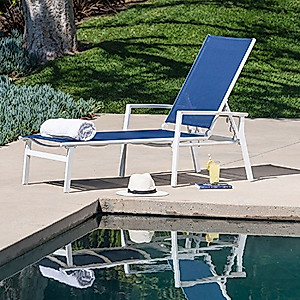 Hanover Blue Naples Outdoor Folding Chaise Adjustable Backrest | Patio and Poolside Lounging Chair | UV and Weather-Resistant Sling Fabric | NAPLESCHS-W-NVY, 1 Piece, White/Navy