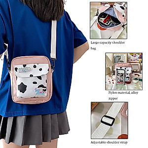 Cow Print Backpack for School, 6Pcs Set Student Preppy Kawaii Mini Backpack Shoulder Bag Pencil Box with Pin and Accessories (White)