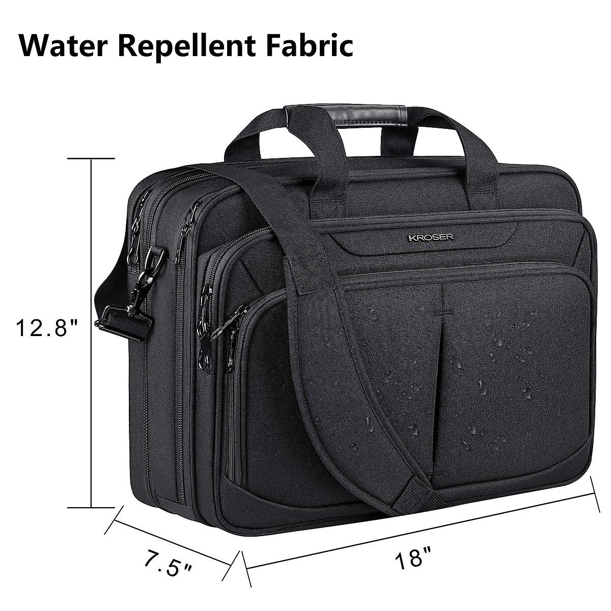 KROSER Laptop Bag Expandable Lightweight Briefcase for 17.3" Laptop Premium Business Work Bag Water-Repellent Messenger Bag with RFID Pockets for Travel/Women/Men-Black