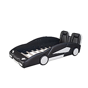 RORIGAT Race Car Bed,Twin Car-Shaped Platform Bed with Wheels,Car Kids Bed for Boys,Black